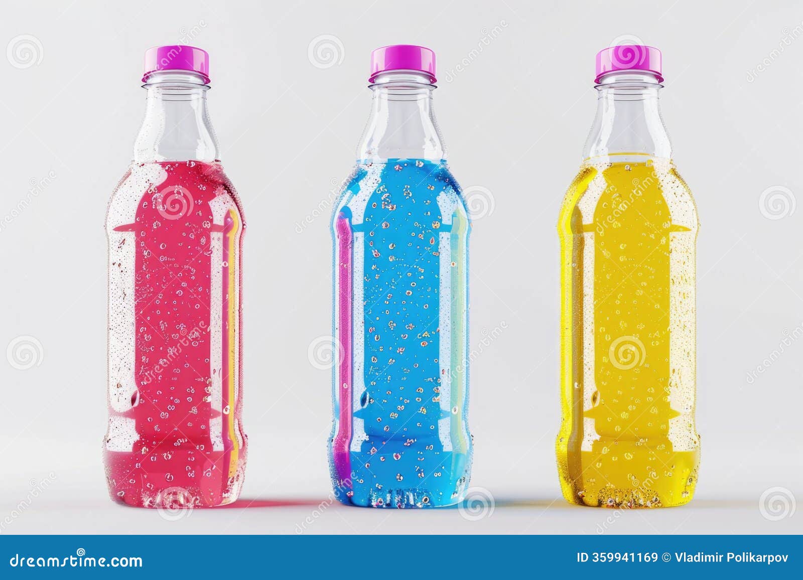 A Collection of Three Differently Colored Soda Bottles on a Table Stock ...