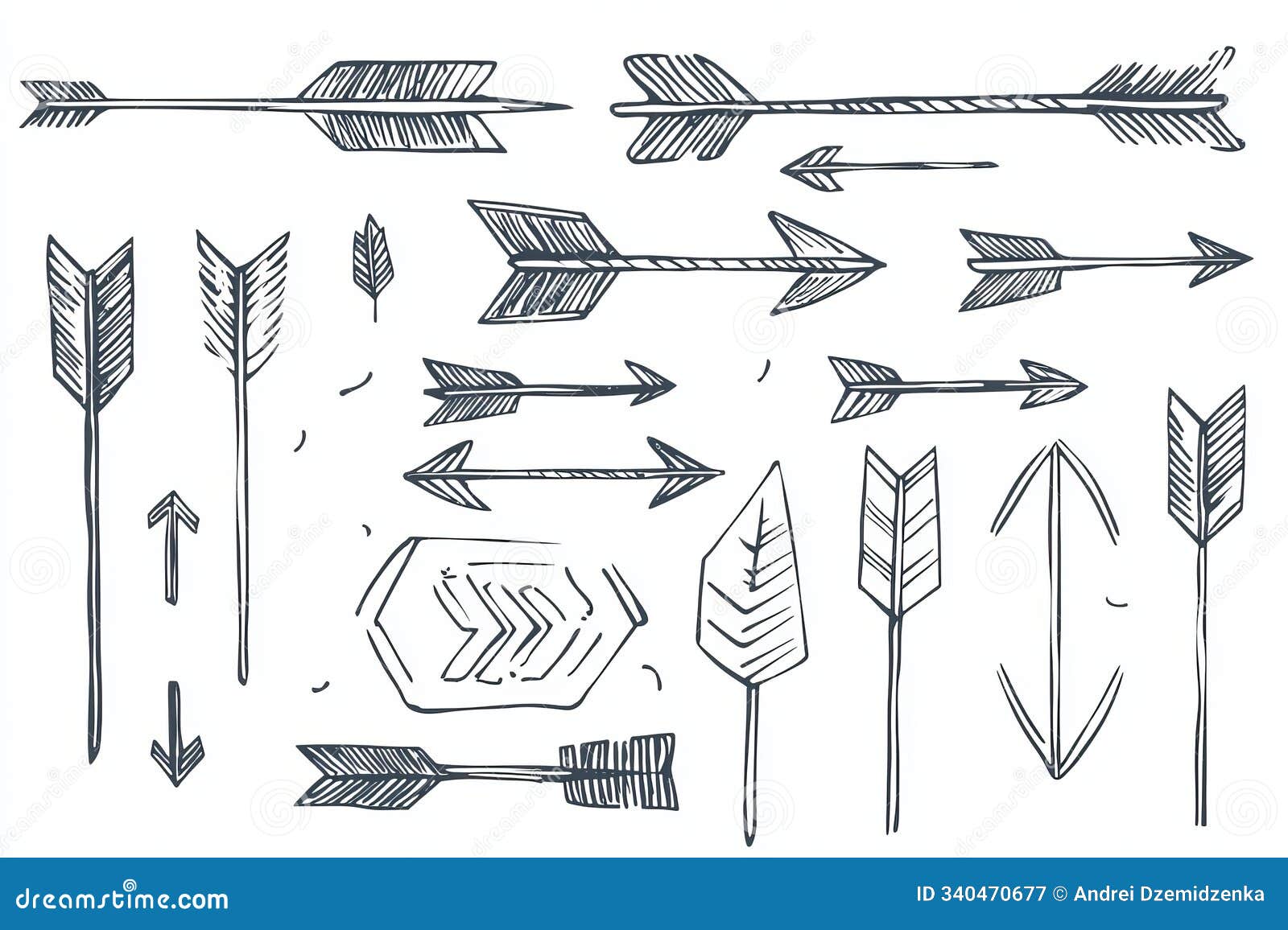 Collection of Three-dimensional Arrows in Doodle Sketch Style with ...