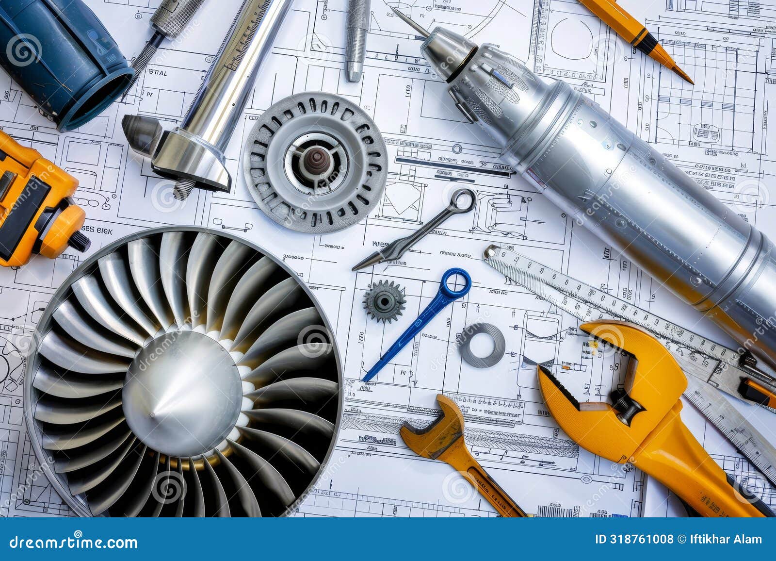 Collection Of Tools Laid Out On A Blueprint On A Workbench, An Array Of ...