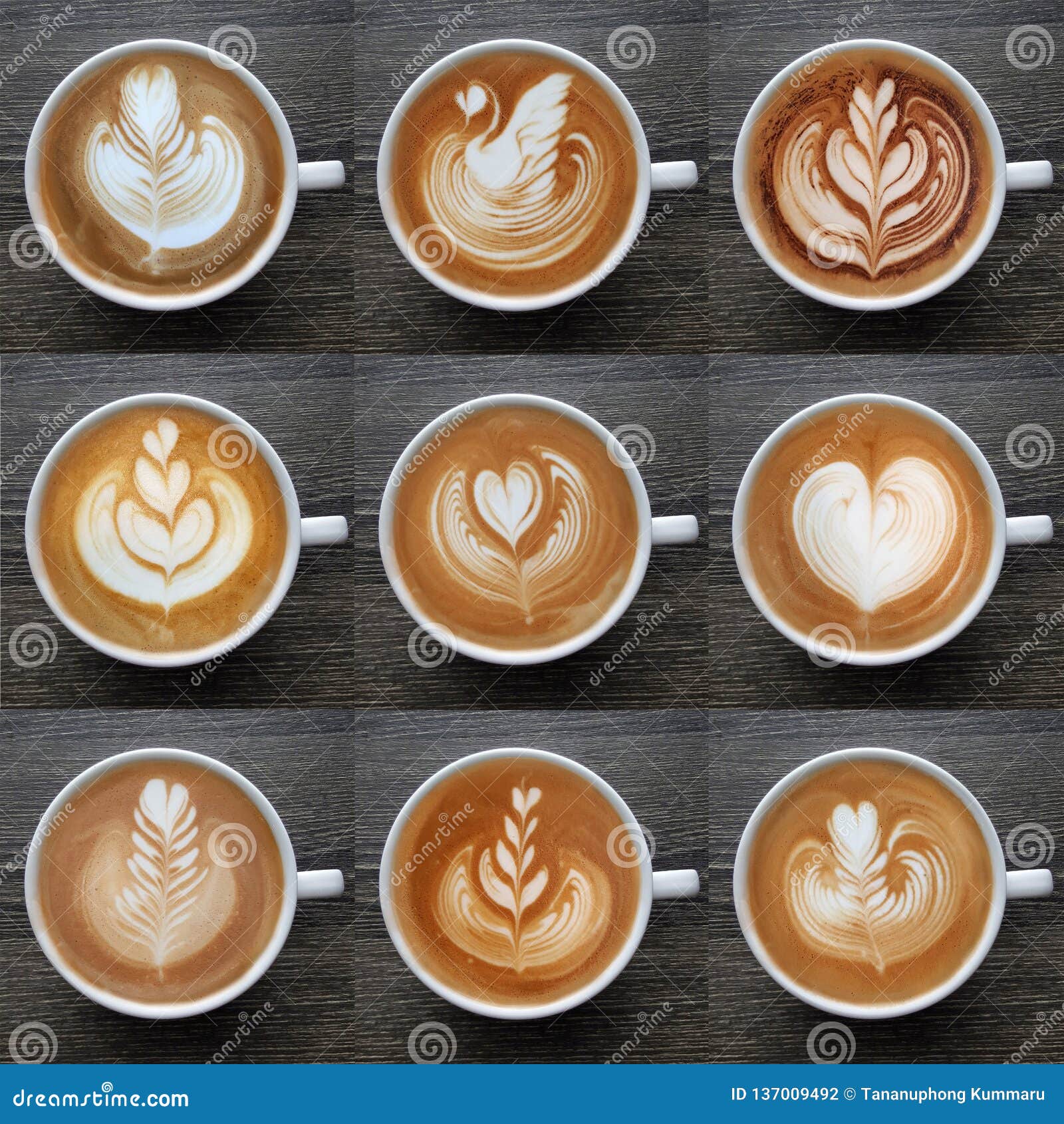 Collection of Top View of Latte Art Coffee. Stock Photo - Image of ...