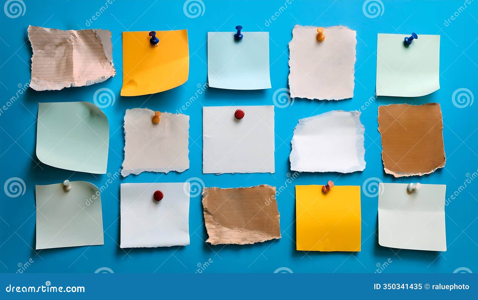 Collection of Torn Paper Notes, Taped and Pinned, on a Blue Background ...