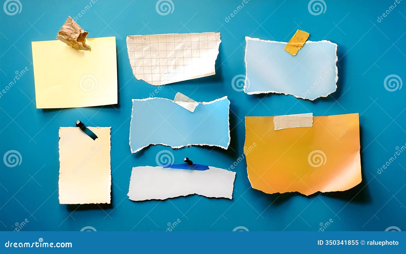 Collection of Torn Paper Notes, Taped and Pinned, on a Blue Background ...