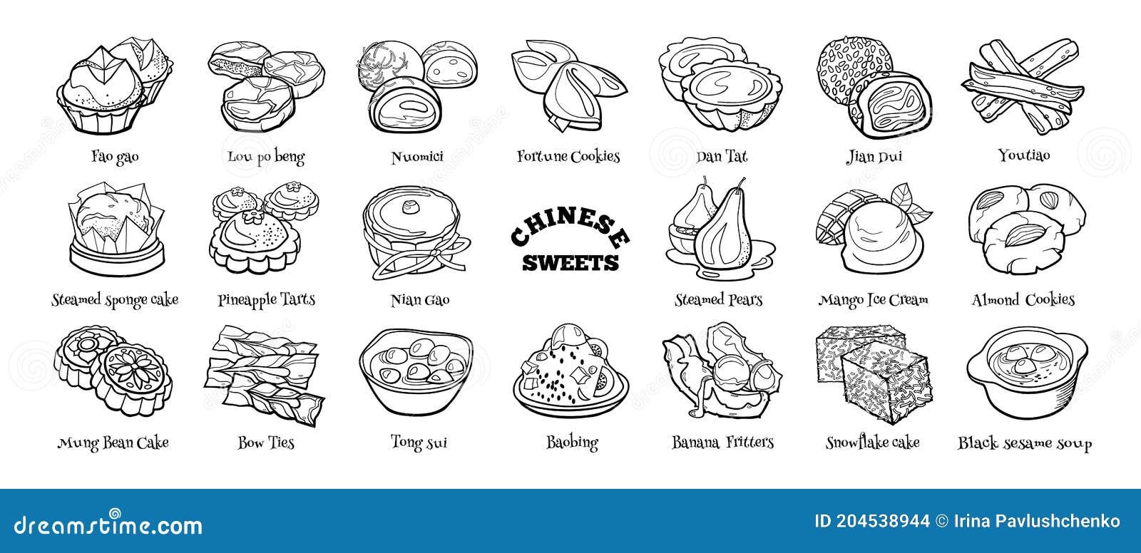 Collection Of Traditional Chinese Desserts Hand Drawn Sketch In Doodle