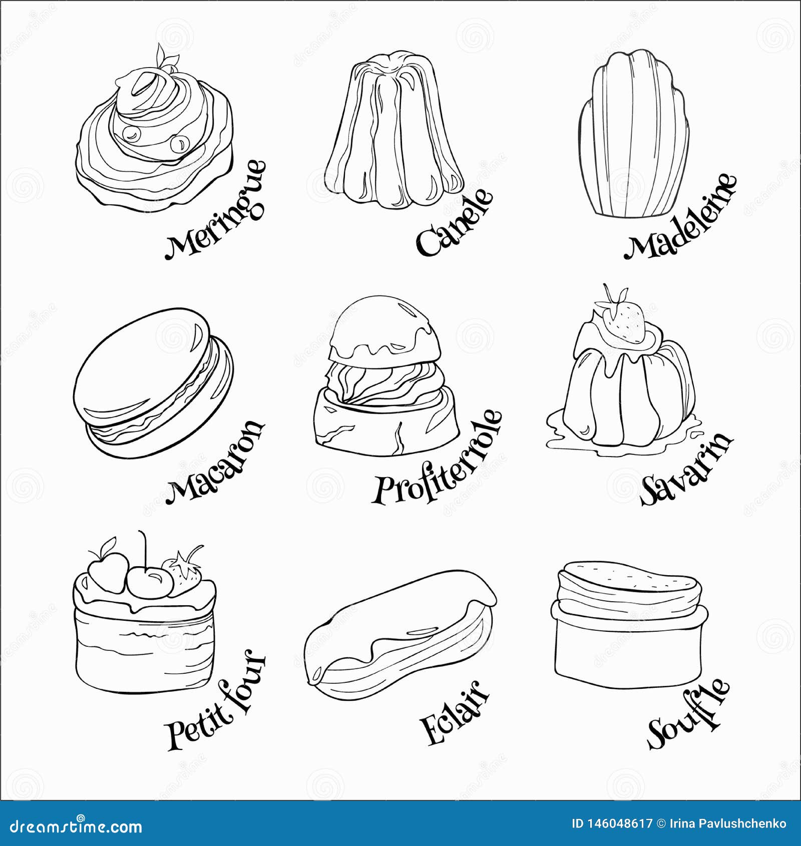 Collection Of Traditional French Desserts Hand Drawn Sketch In Doodle