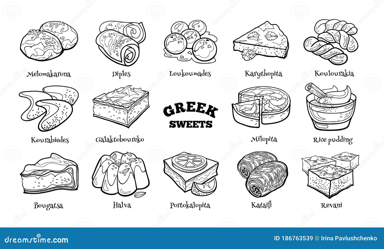 Collection Of Traditional Greek Desserts Hand Drawn Sketch In Doodle