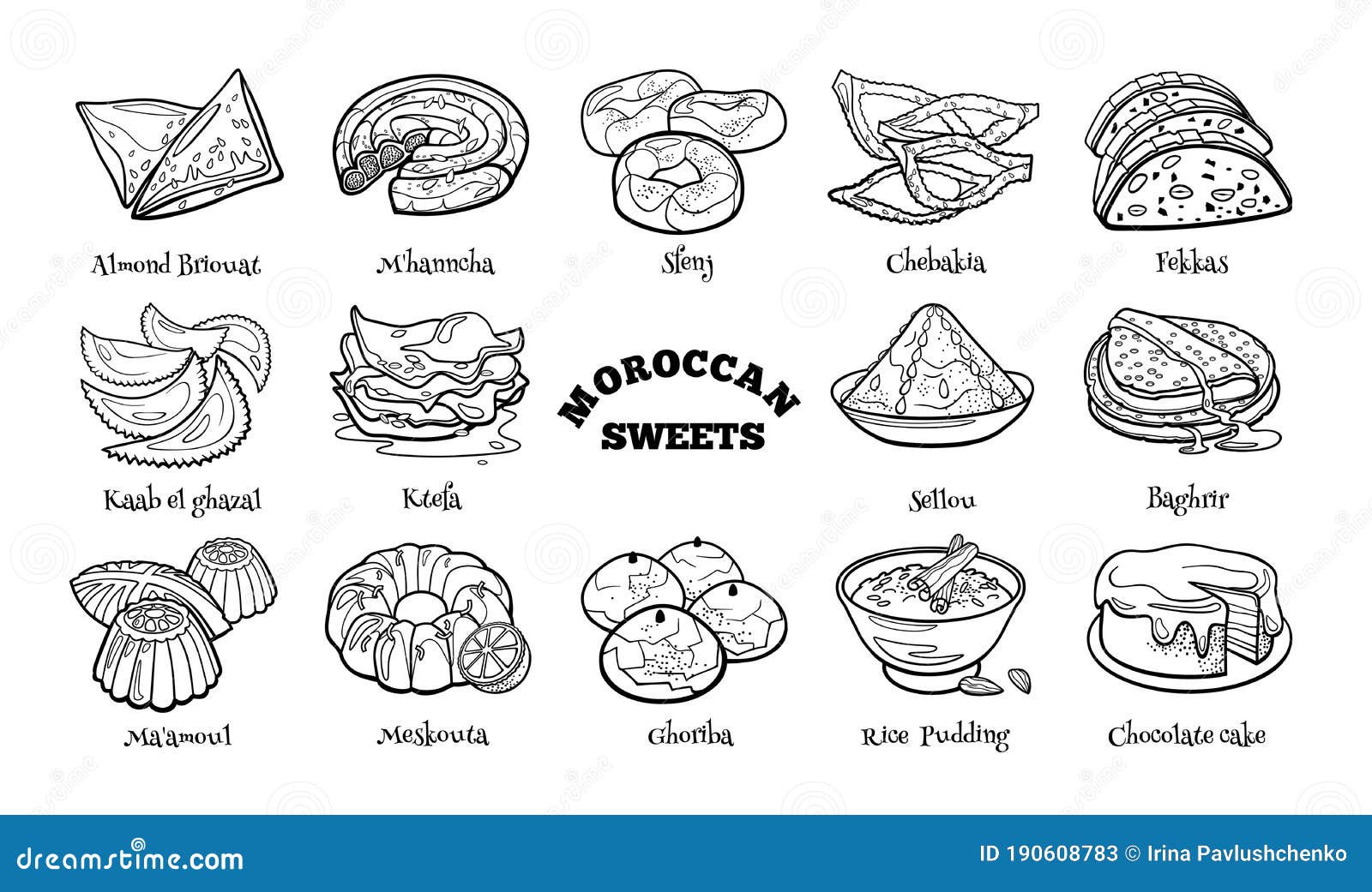 Collection Of Traditional Moroccan Desserts Hand Drawn Sketch In