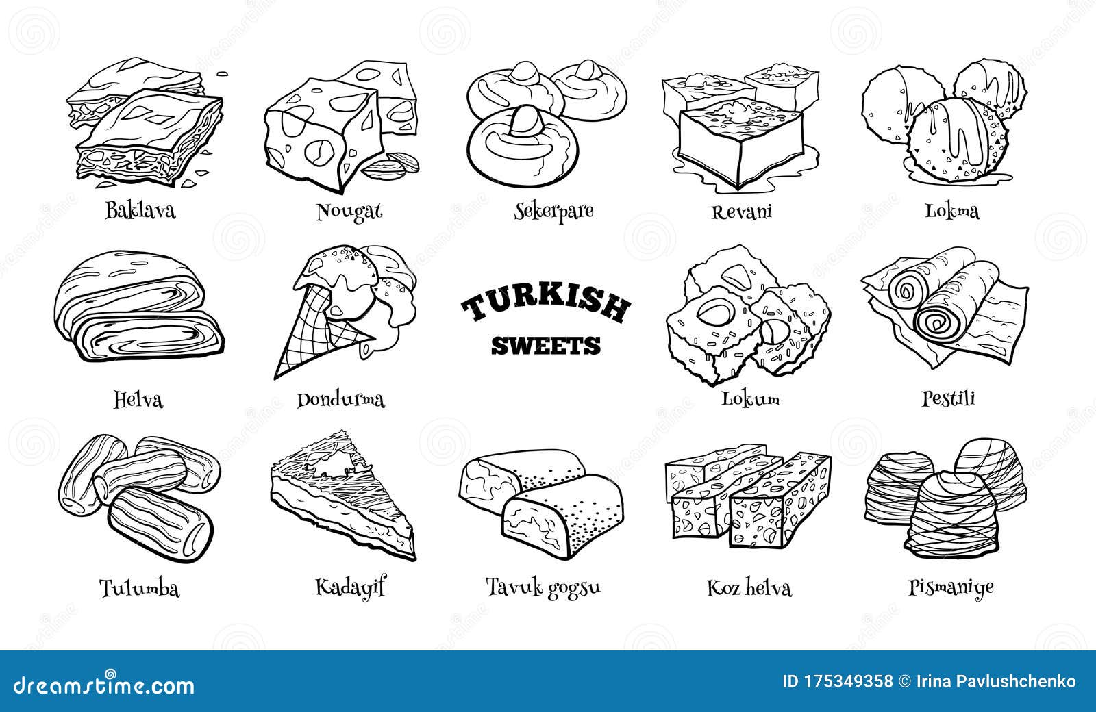 Collection Of Traditional Turkish Desserts Hand Drawn Sketch In Doodle