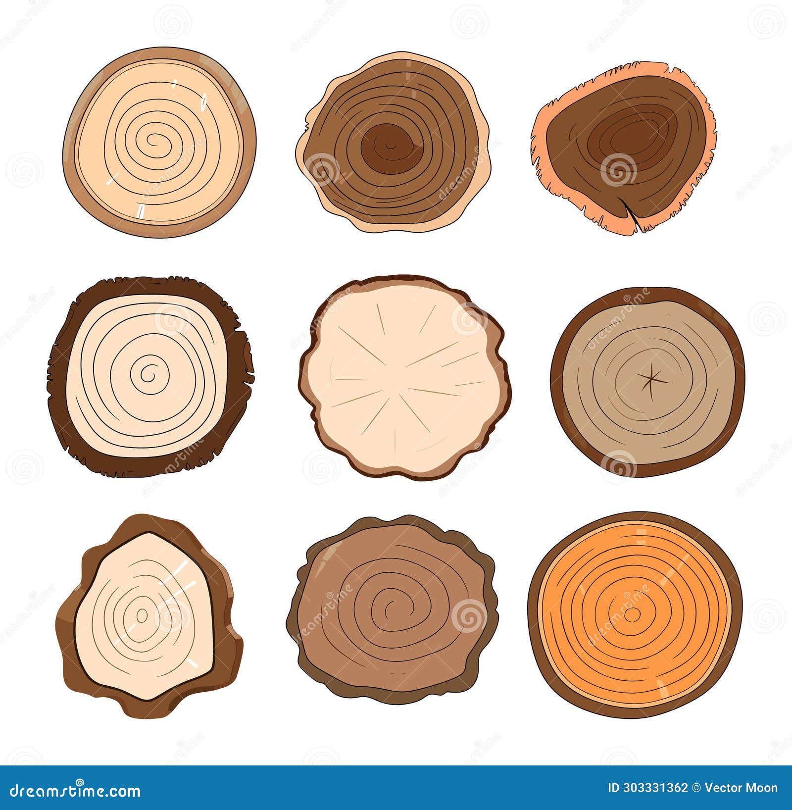 Collection of Tree Rings, Top View, Different Shapes and Patterns. Set ...