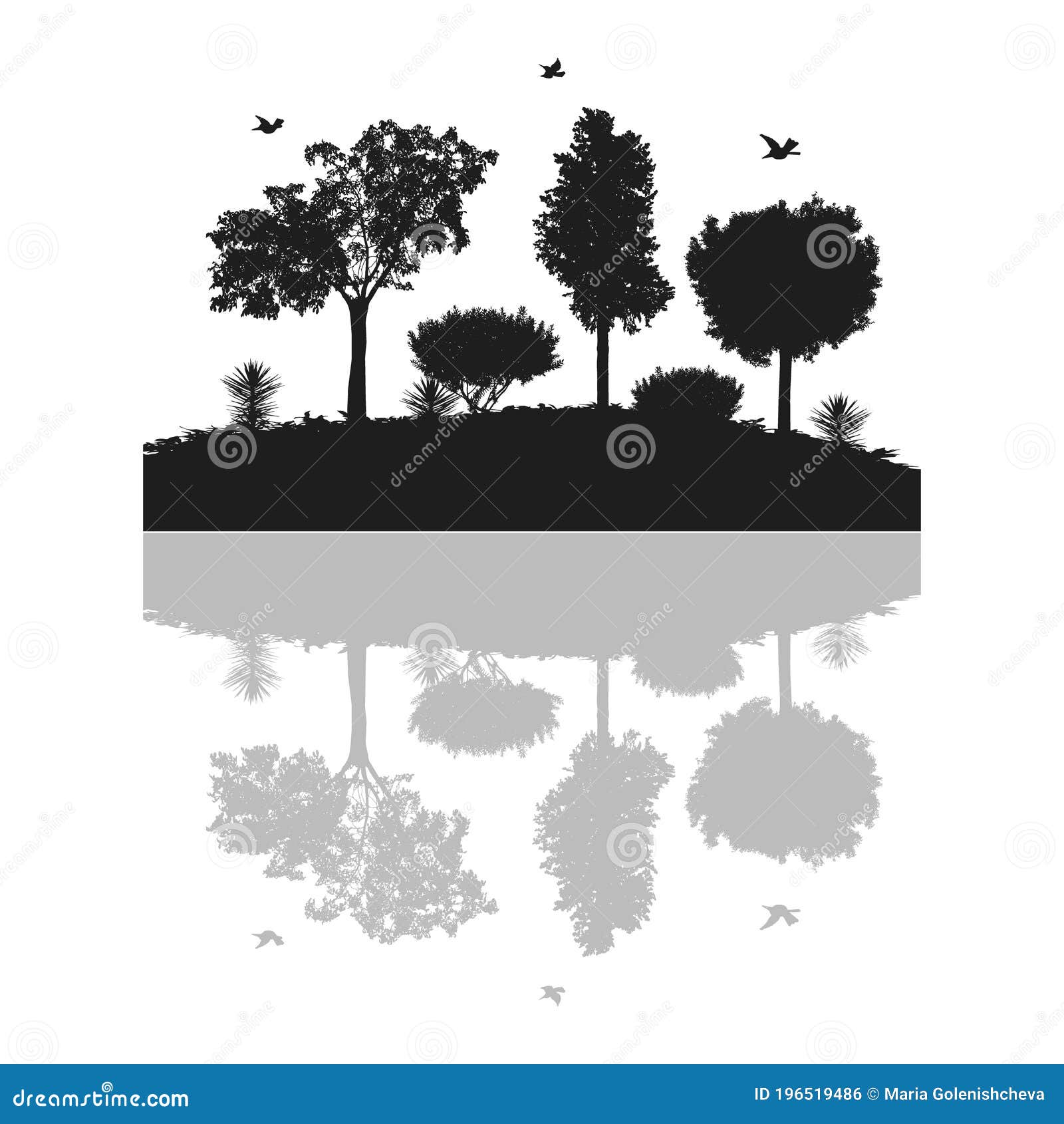 Collection of Trees and Bushes Silhouettes with Reflection, Vector ...