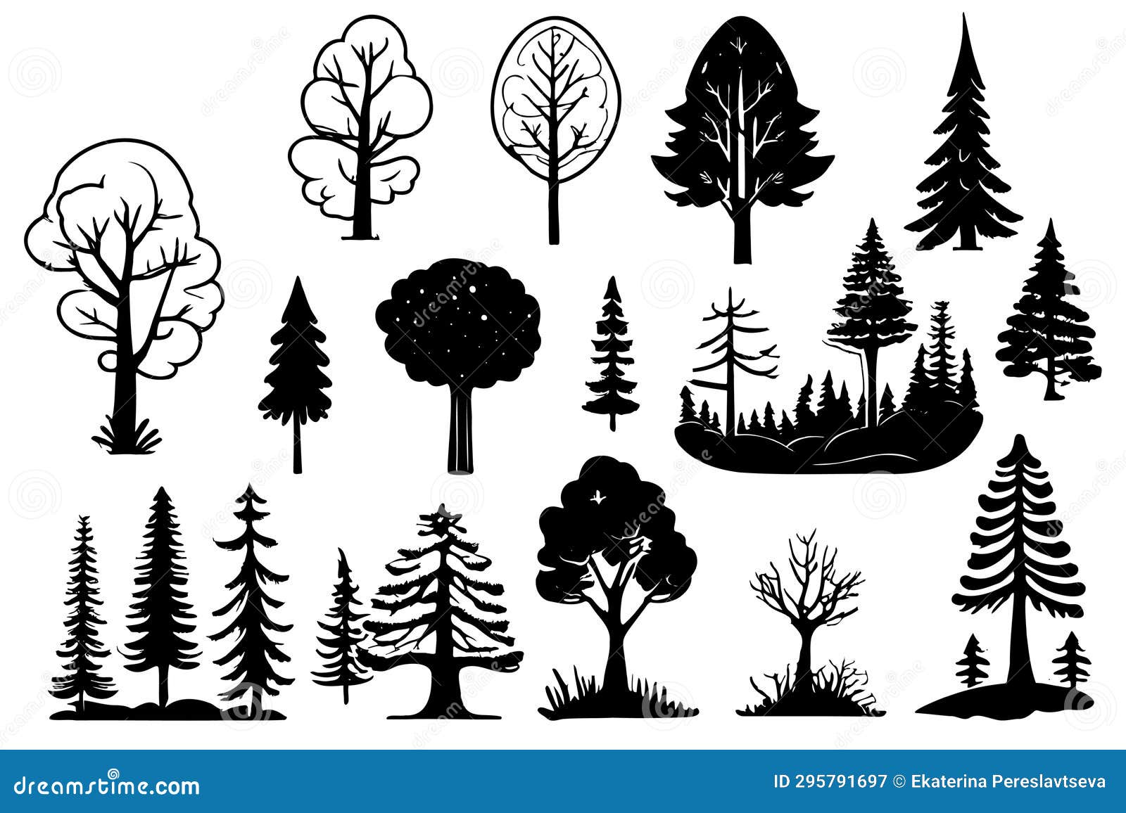 Collection Trees. Ink Sketches Set Isolated on White Background Stock ...