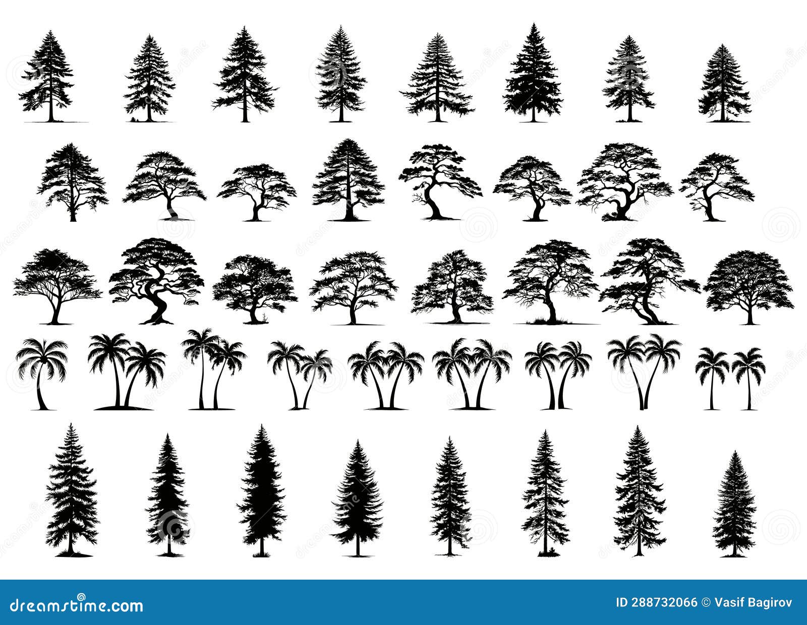The Collection of Trees Silhouettes Isolated on White Background. Big ...