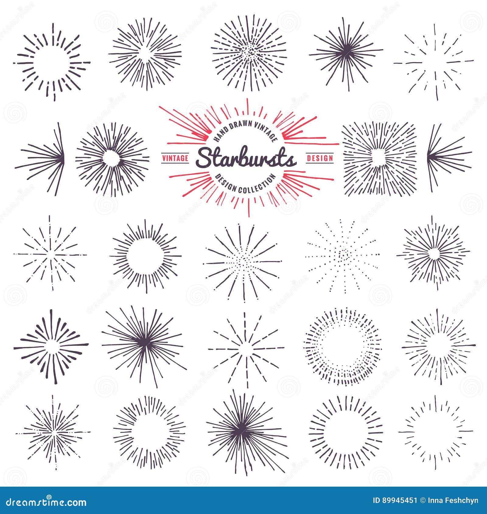 Collection of Trendy Hand Drawn Retro Sunburst. Bursting Rays Design ...