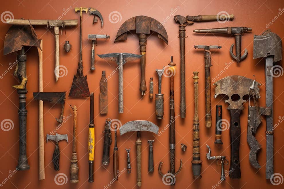A Collection of Various Axes and Saws Stock Photo - Image of generated ...