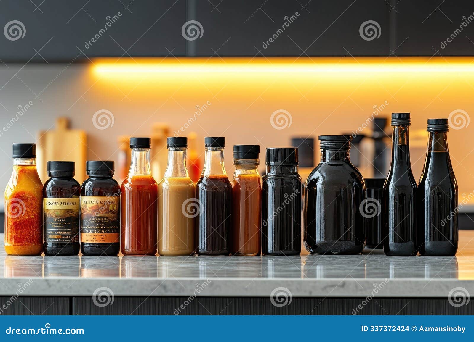 A Collection of Various Bottles Containing Different Liquids Arranged ...