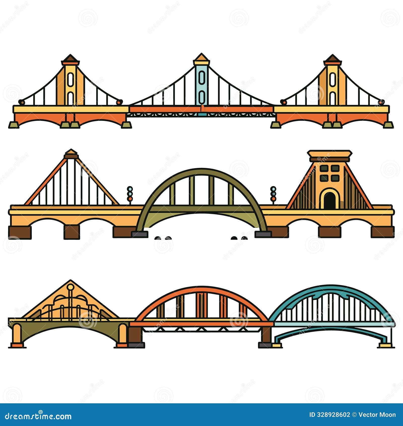 Collection Various Bridges Colorful Vector Illustrations Isolated White ...