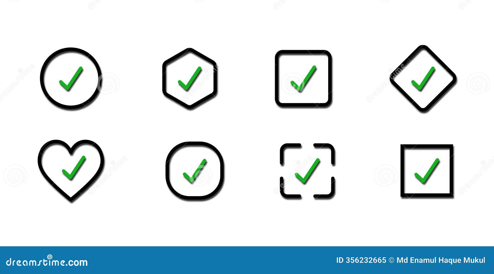 Collection Of Various Green Check Mark Icons In Black Border Different ...