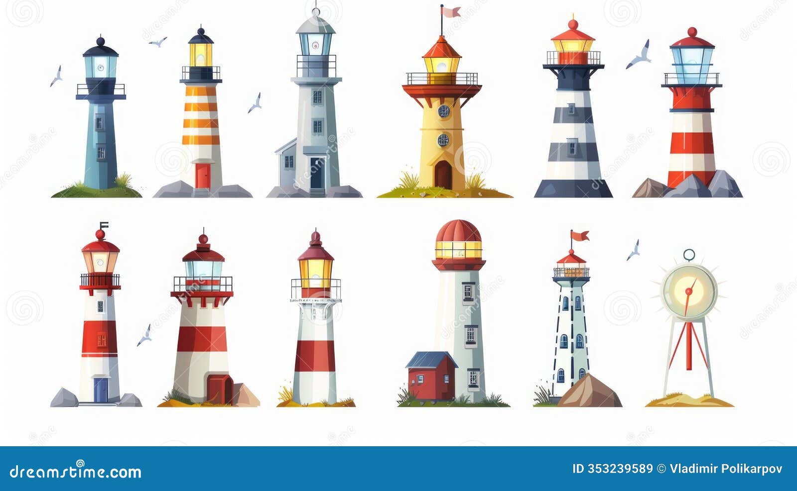 A Collection of Various Colored Lighthouses on a Plain White Backdrop ...