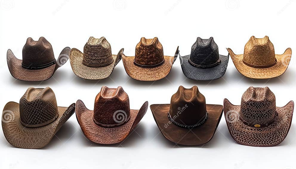 Collection of Various Cowboy Hats Displayed in a Row on a White ...
