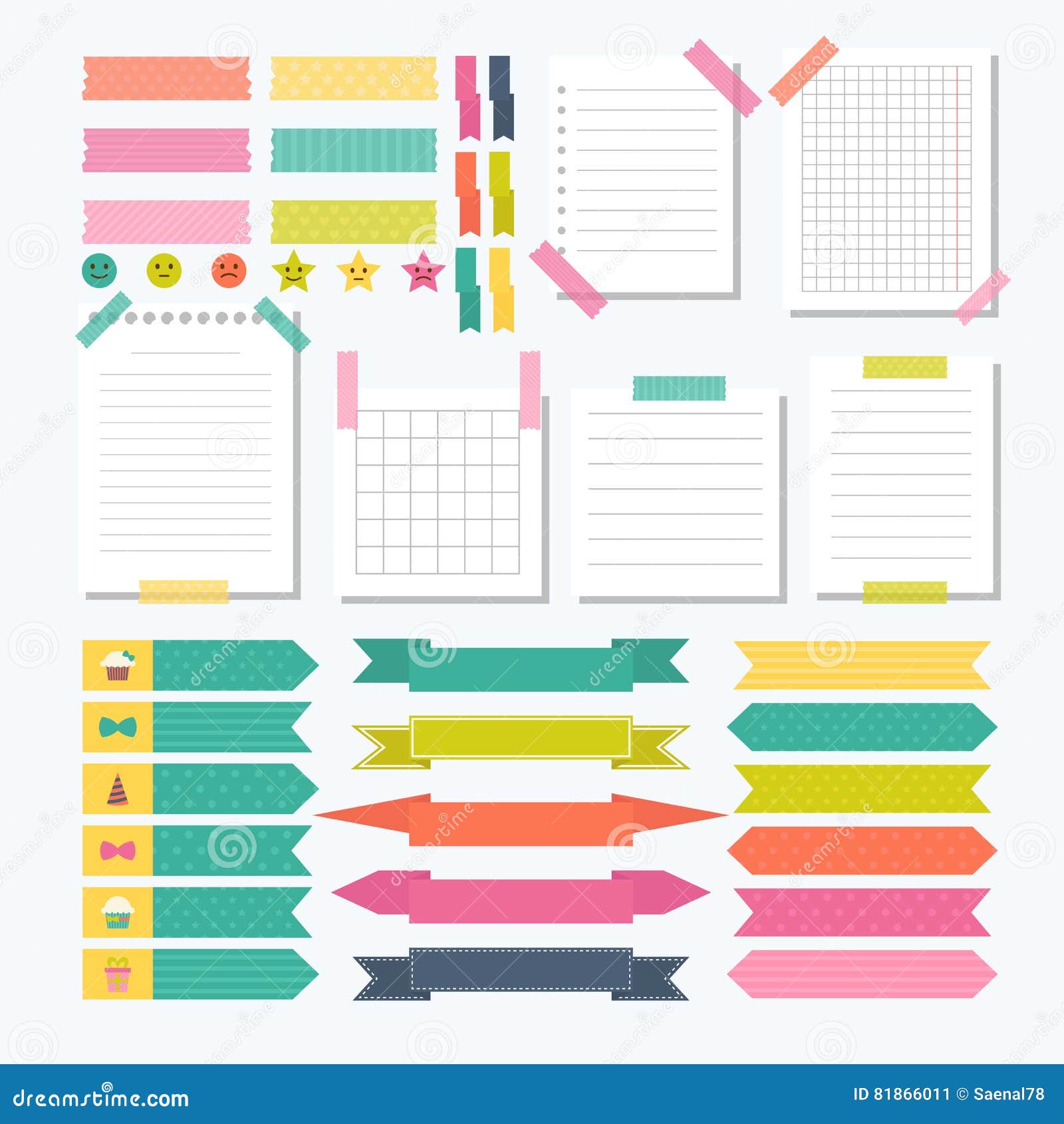 Collection of Various Note Papers with Different Tape Strips. Stock ...