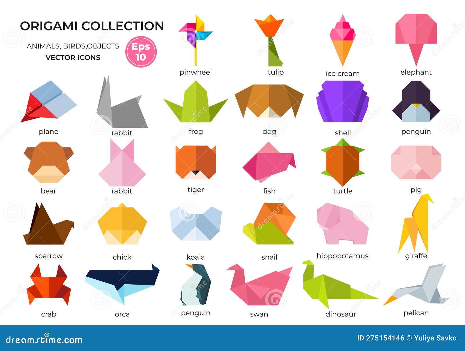 Set Of Origami Objects. White On Blue Background. Plane, Pinwheel And ...