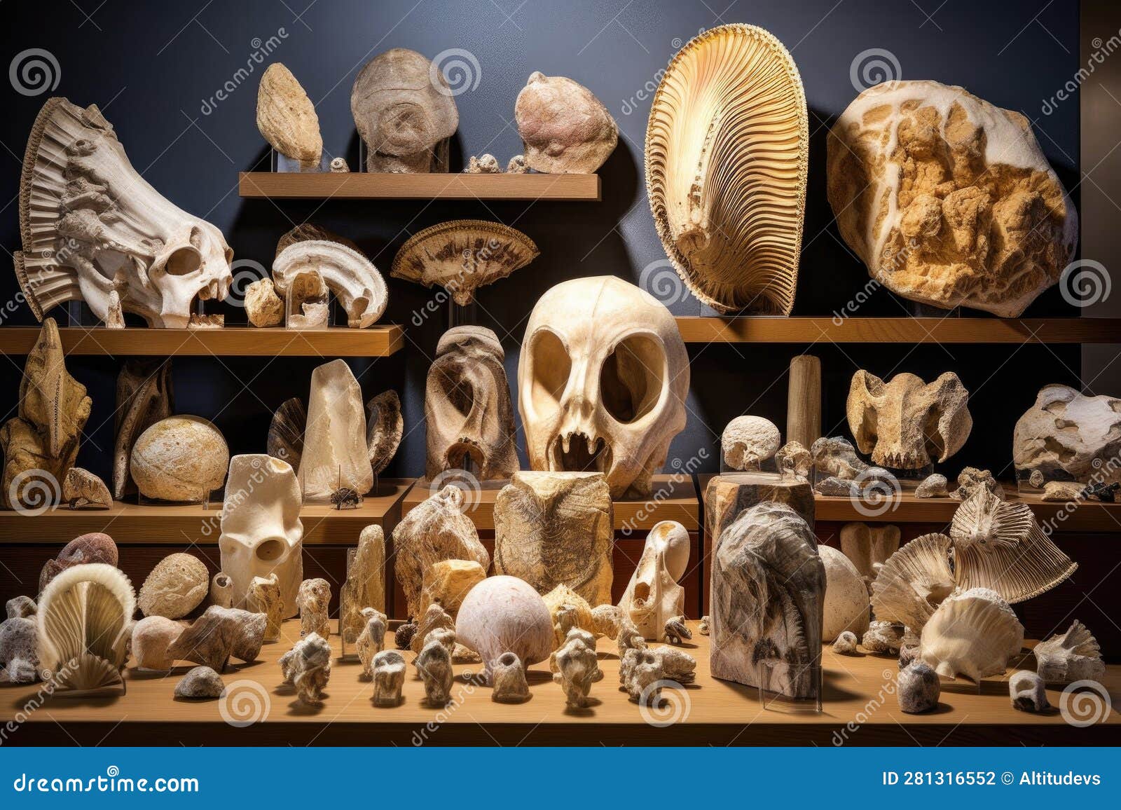 Collection of Various Prehistoric Fossils on Display Stock Illustration ...