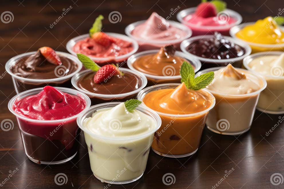 A Collection of Various Pudding Flavors in Small Cups Stock Photo ...