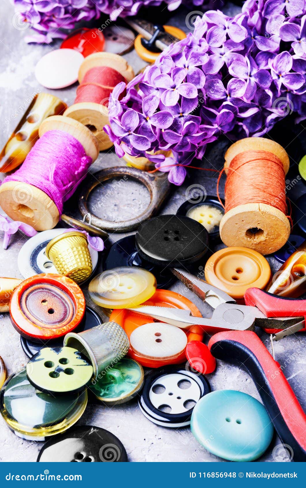 Tools for Needlework and Lilac Branch Stock Photo - Image of designer ...