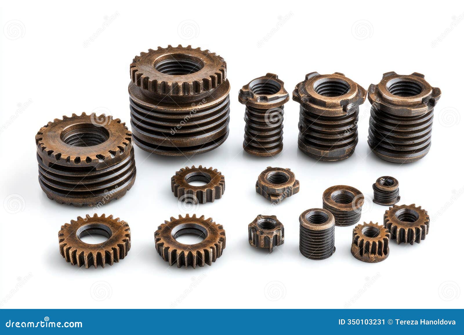 Collection Of Various Sized Brass Threaded Inserts And Gears Isolated ...