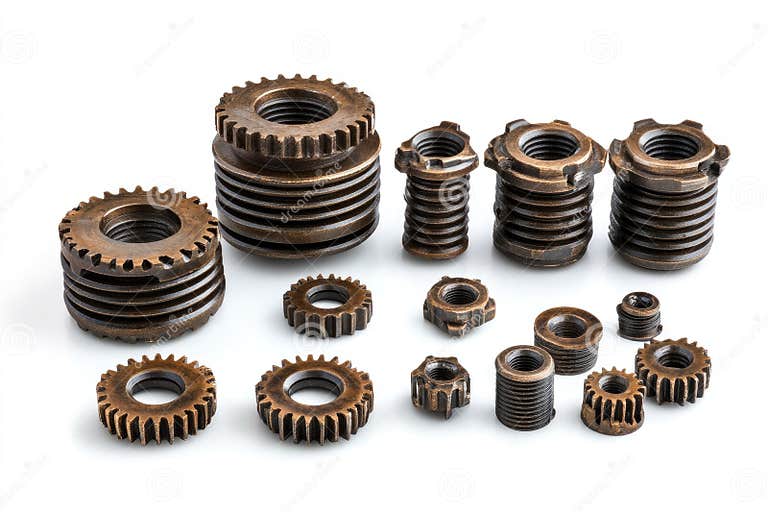 Collection of Various Sized Brass Threaded Inserts and Gears Isolated ...