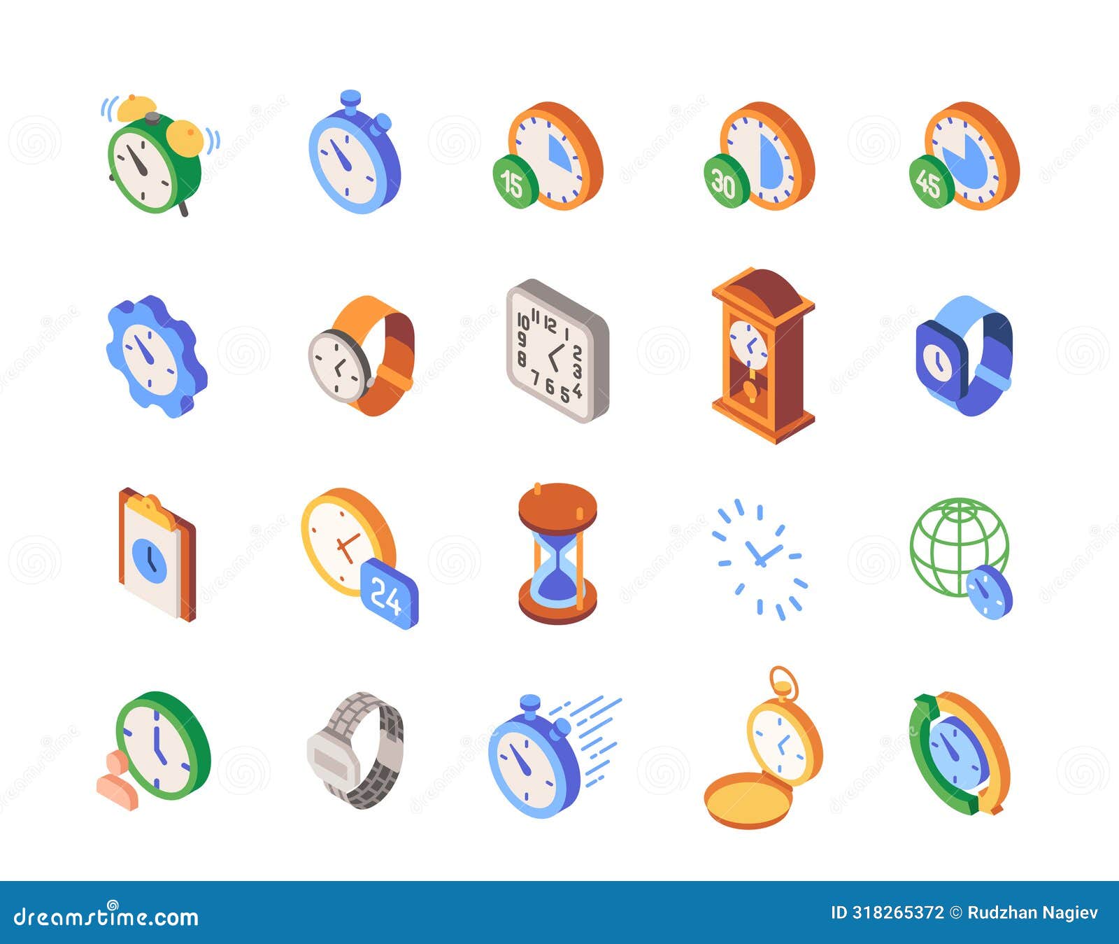 Collection of Various Types of Clocks Icons in Isometric Style, on a ...