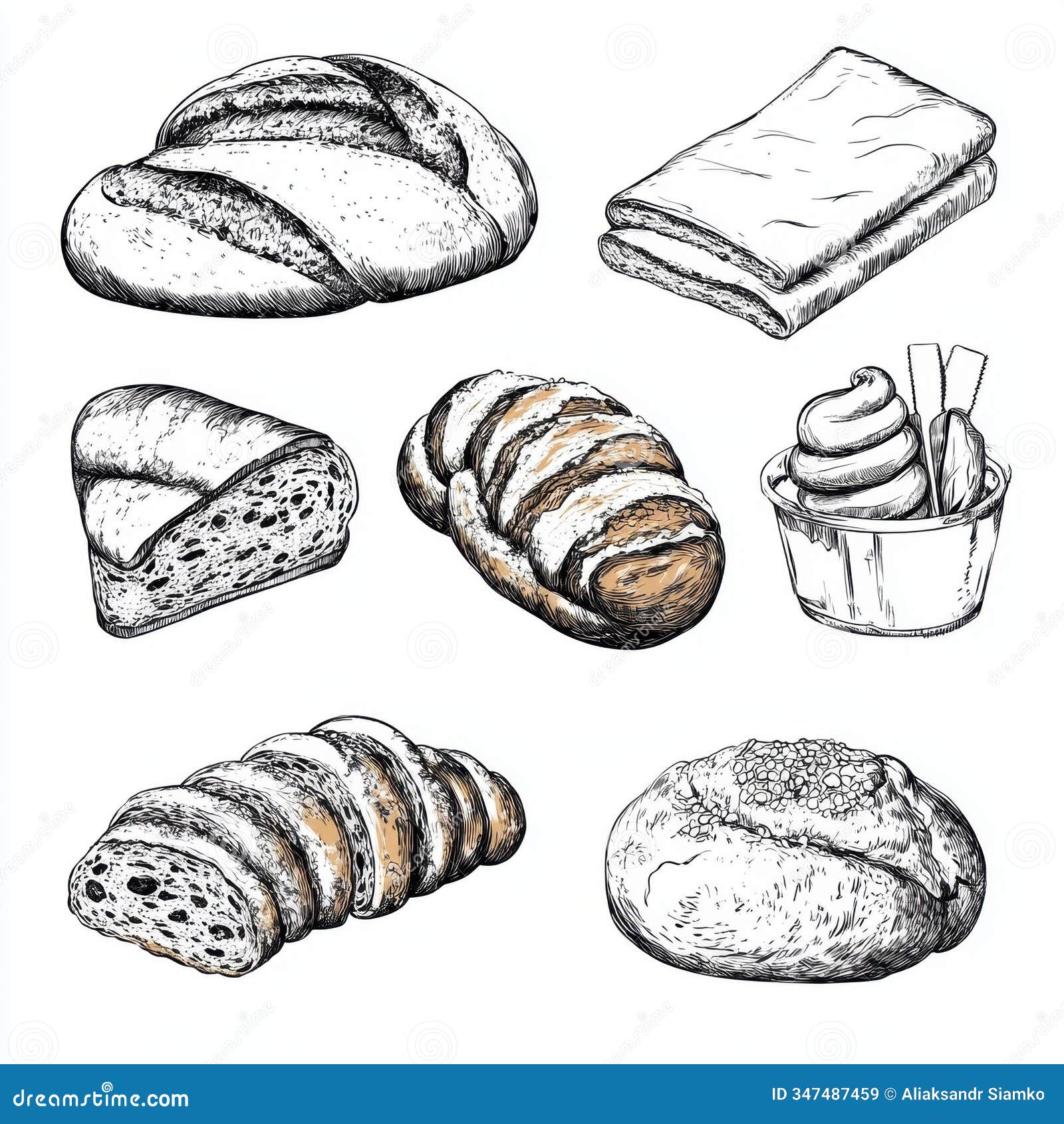 Collection of Various Types of Hand-drawn Bread Illustrations Stock ...