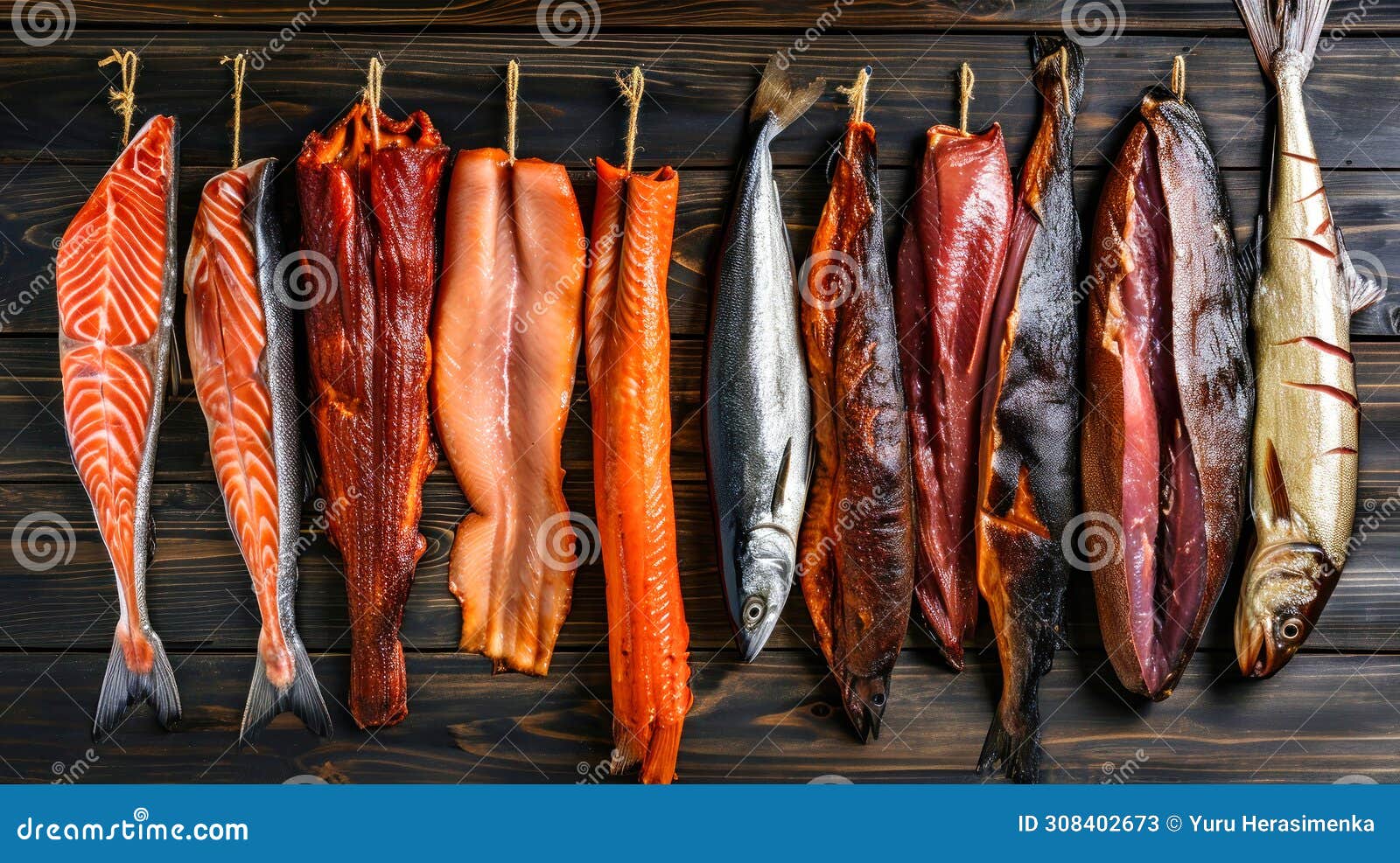 Assorted Smoked Fish Hanging on a Line Stock Illustration ...