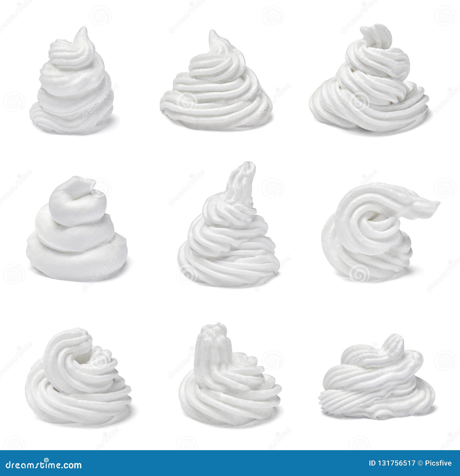 Collection of Various White Whipped Cream on White Background. Each One ...