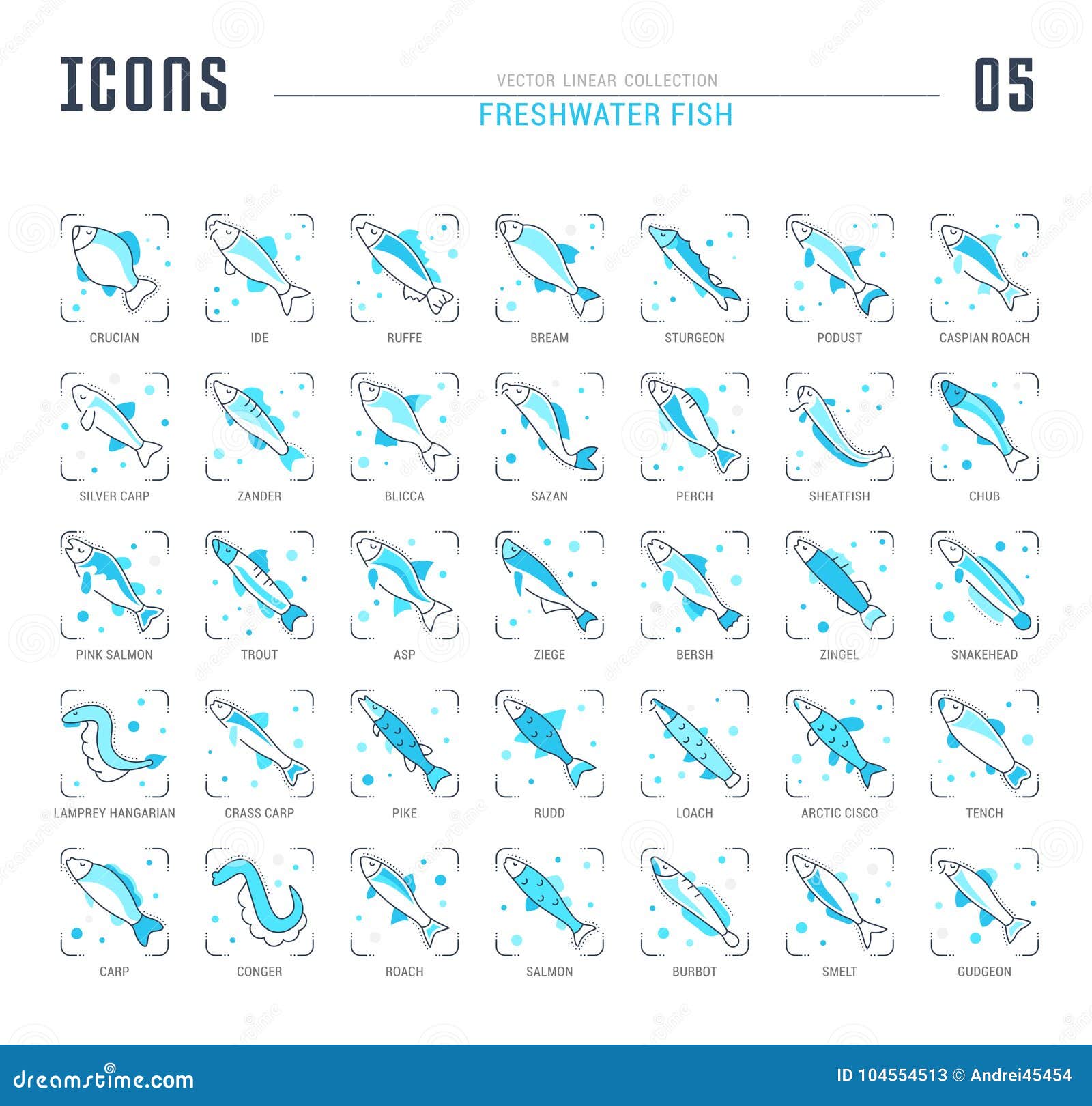 Set Blue Line Icons of Freshwater Fish Stock Illustration ...