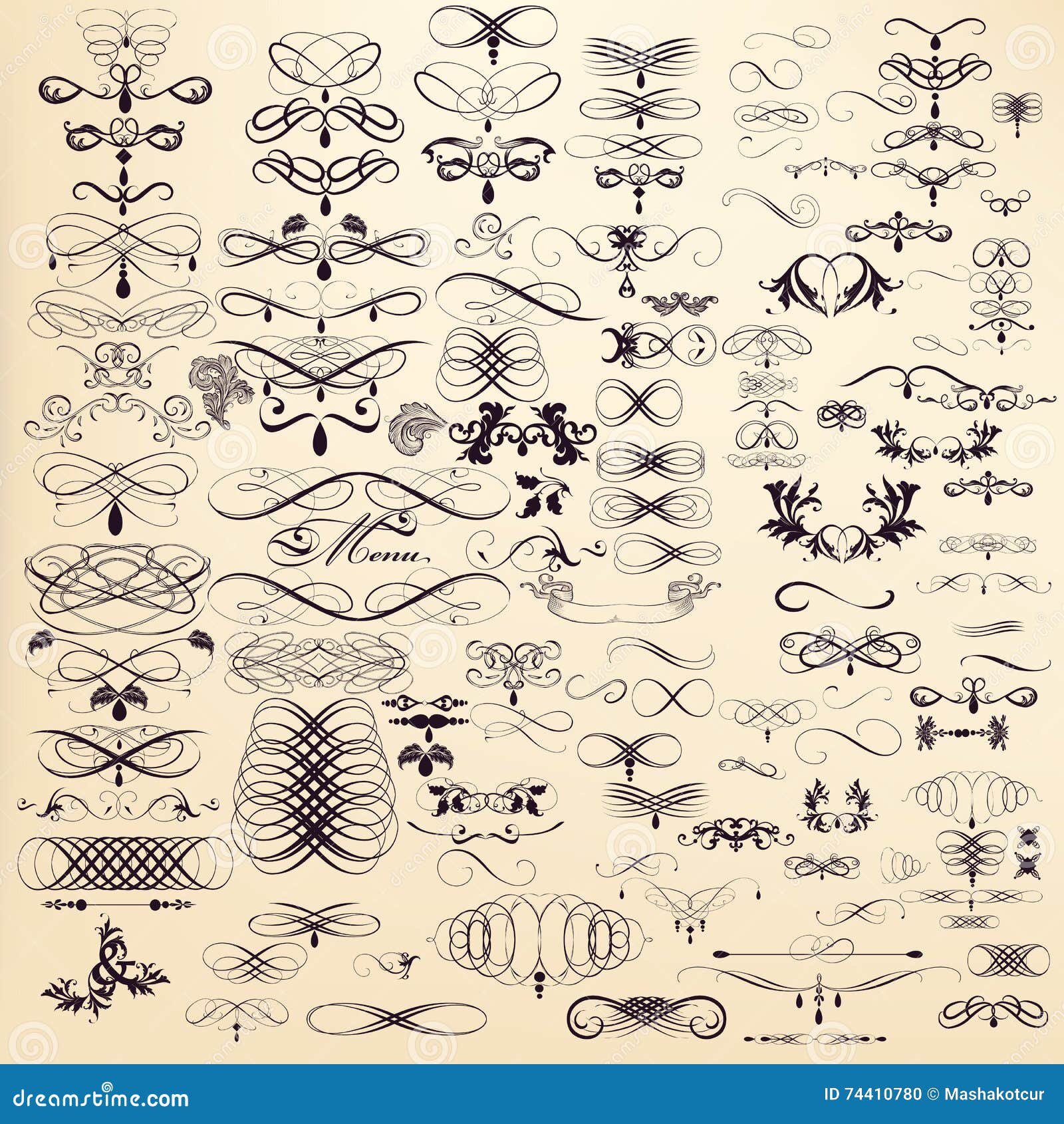 Collection of Vector Hand Drawn Flourishes in Engraved Style. Me Stock ...