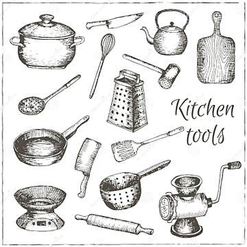 Collection of Vector Hand Drawn Kitchen Tools. Stock Illustration ...