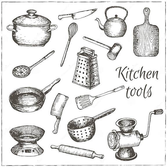 Collection of Vector Hand Drawn Kitchen Tools. Stock Illustration ...