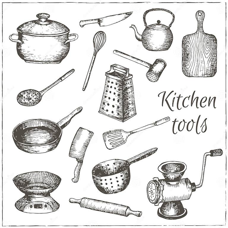 Collection of Vector Hand Drawn Kitchen Tools. Stock Illustration ...