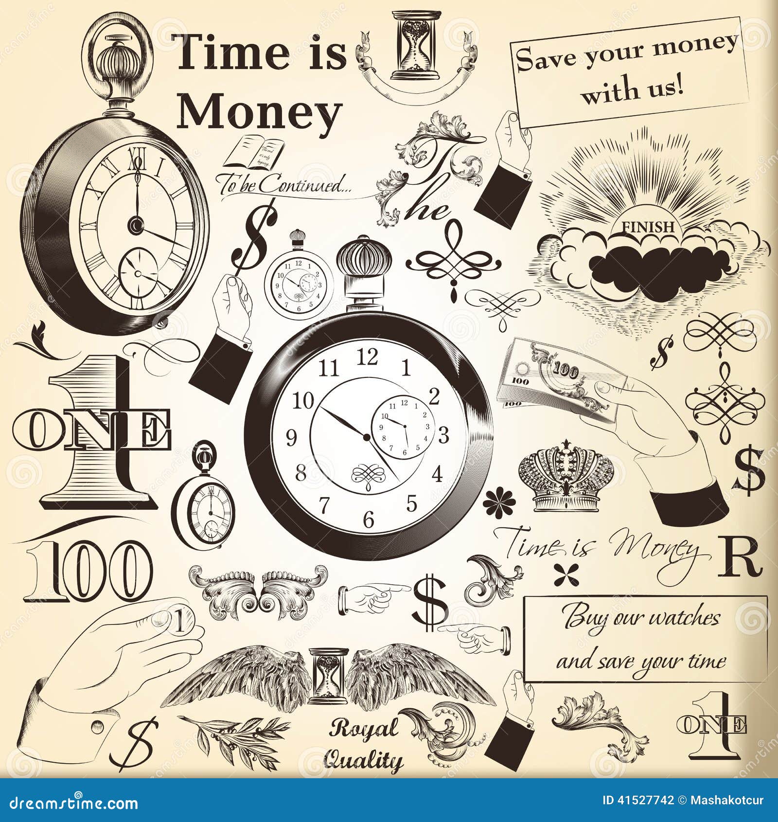 Collection of Vector Hand Drawn Vintage Elements Time is Money Stock ...