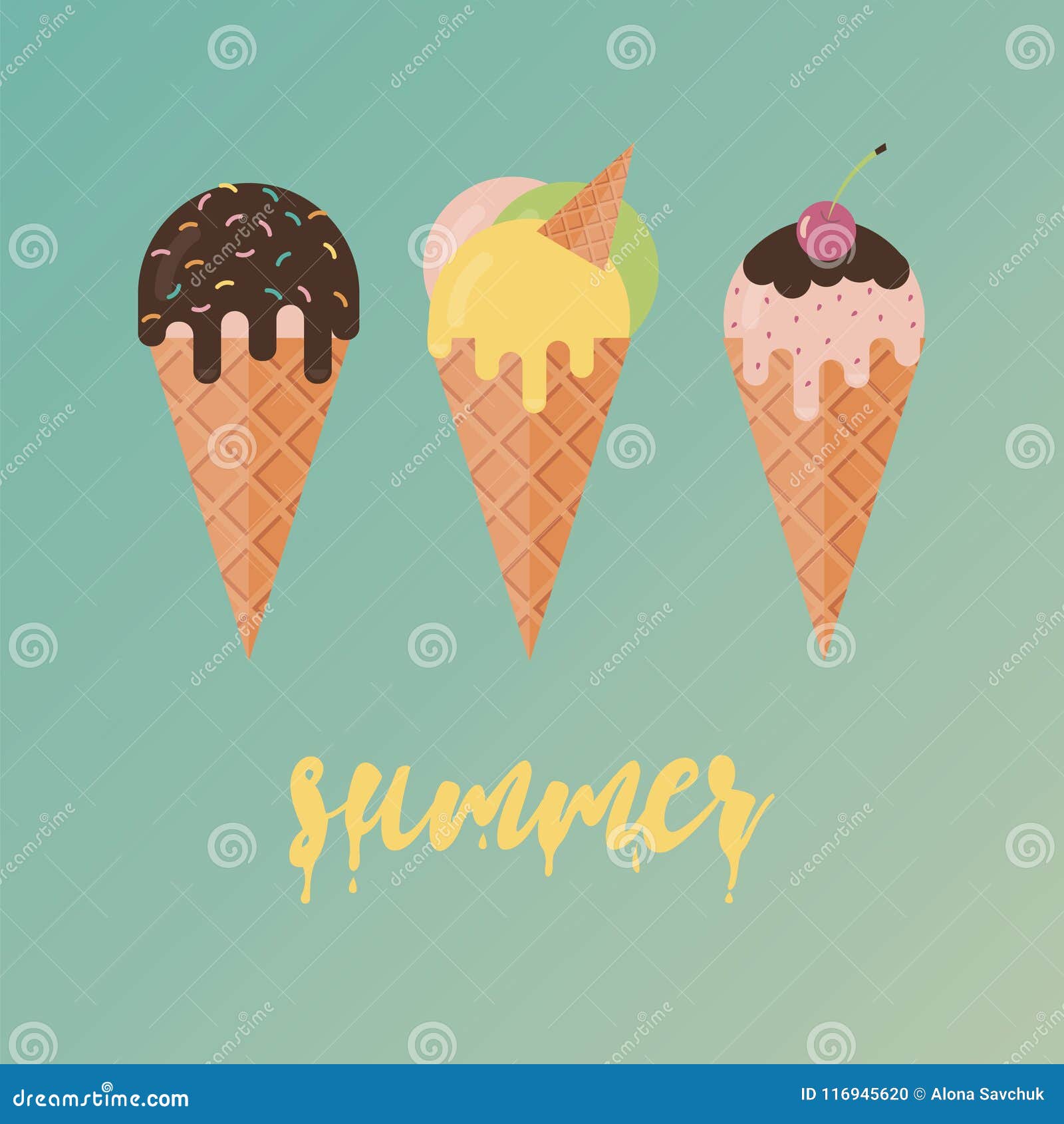 Collection of 3 Vector Ice Cream Illustrations. Flat Design Stock ...
