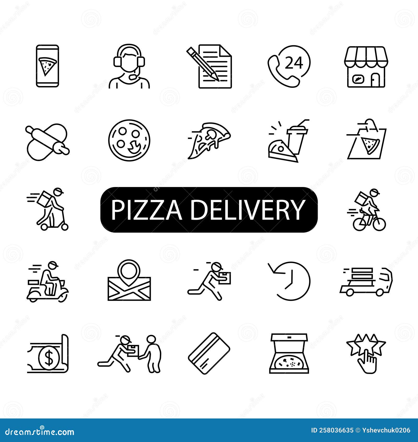 Collection of Vector Pizza Delivery on White Background. Set of Simple ...