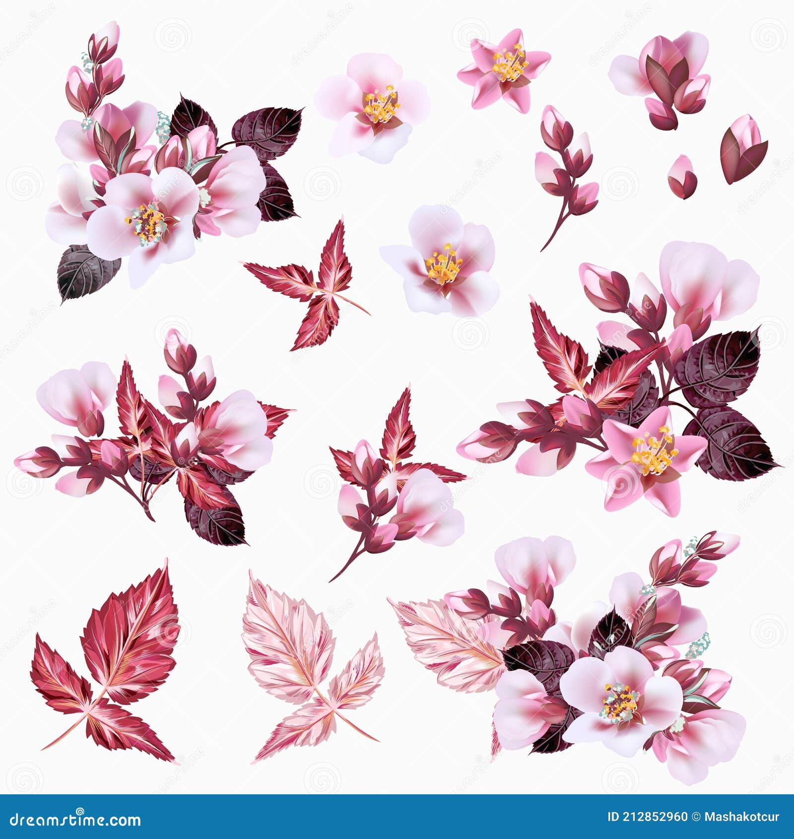 Collection of Vector Realistic Cherry Pink Flowers Stock Vector ...