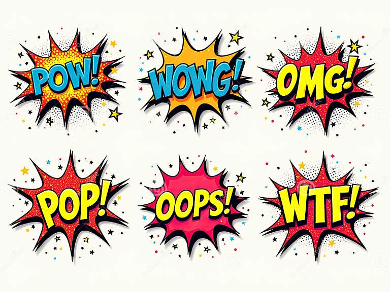 Colorful Comic Speech Bubbles with Various Exclamations, Created with ...