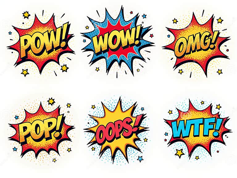 Colorful Comic Speech Bubbles with Various Exclamations, Created with ...
