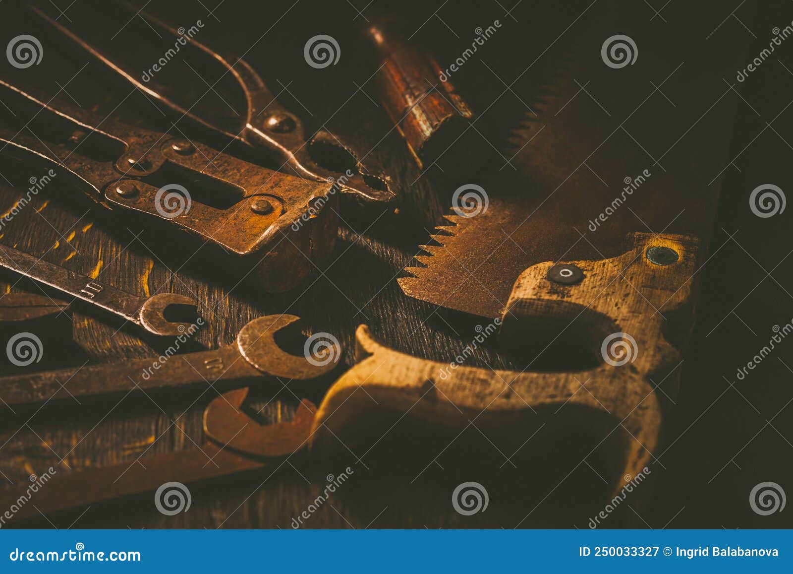 Collection of Vintage Carpentry Tools on Old Workbench: Woodworking ...