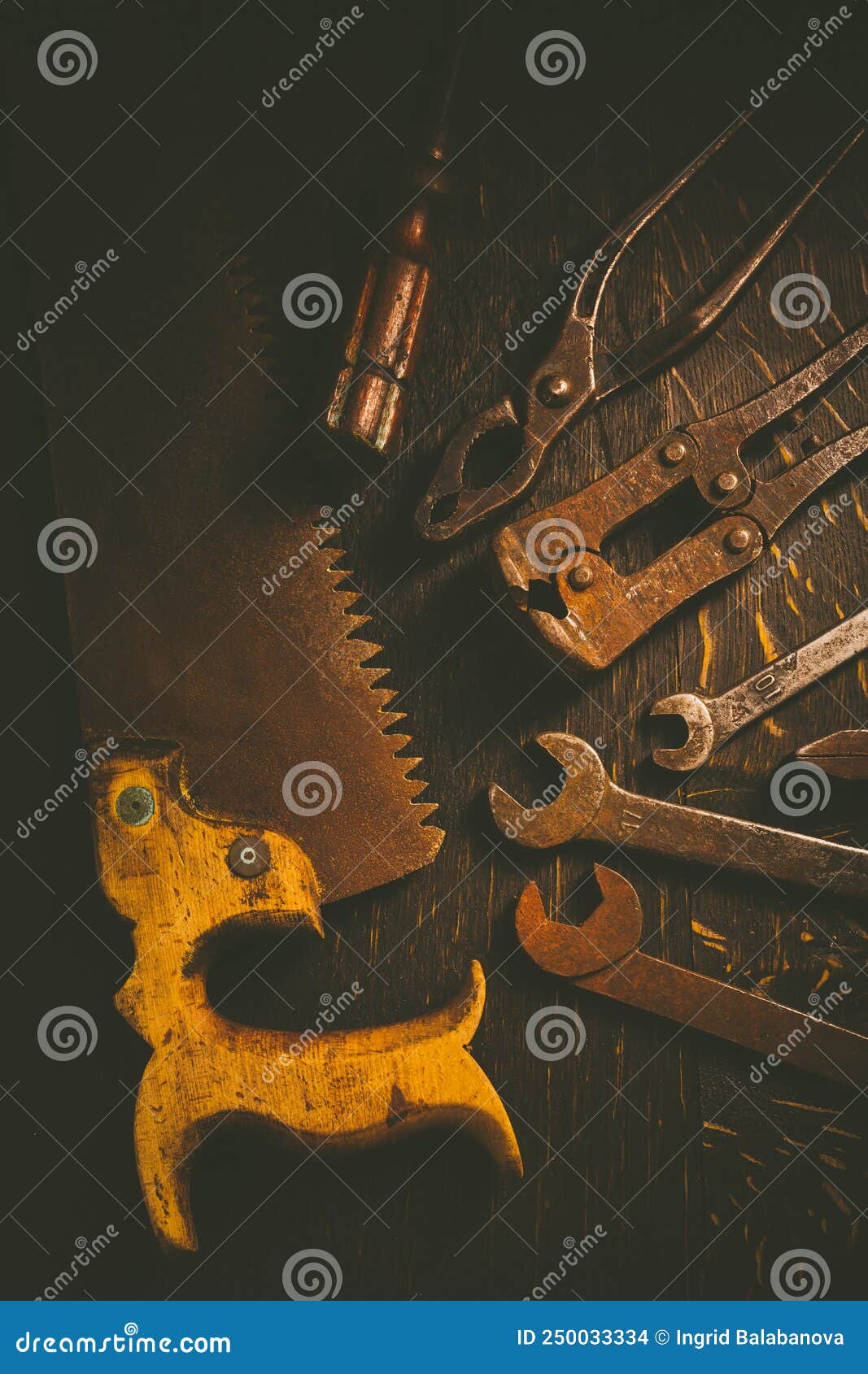 Collection of Vintage Carpentry Tools on Old Workbench: Woodworking ...