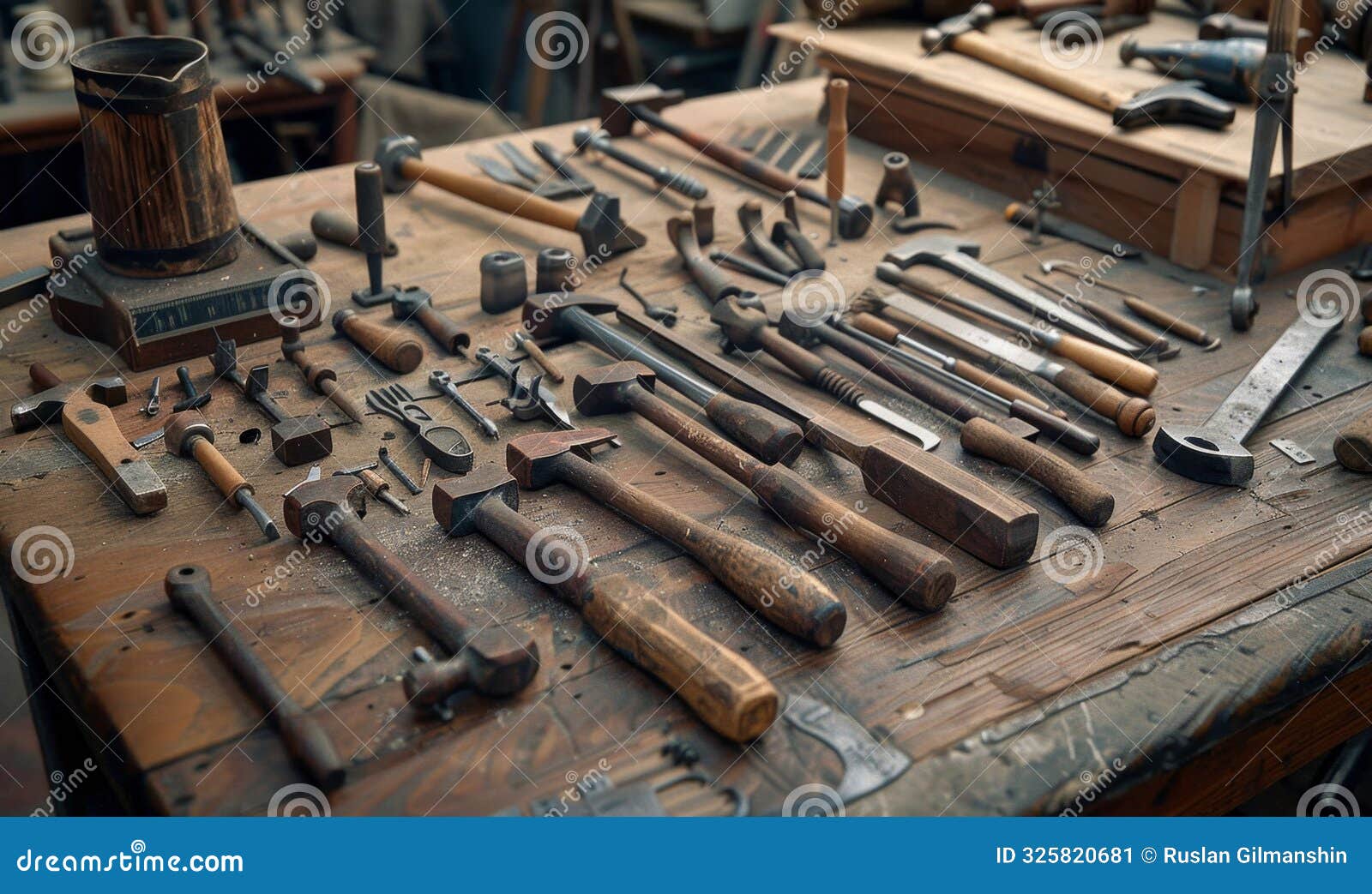 Collection of Vintage Carpentry Tools on an Old Workbench: Woodworking ...