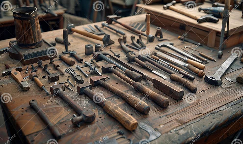Collection of Vintage Carpentry Tools on an Old Workbench: Woodworking ...