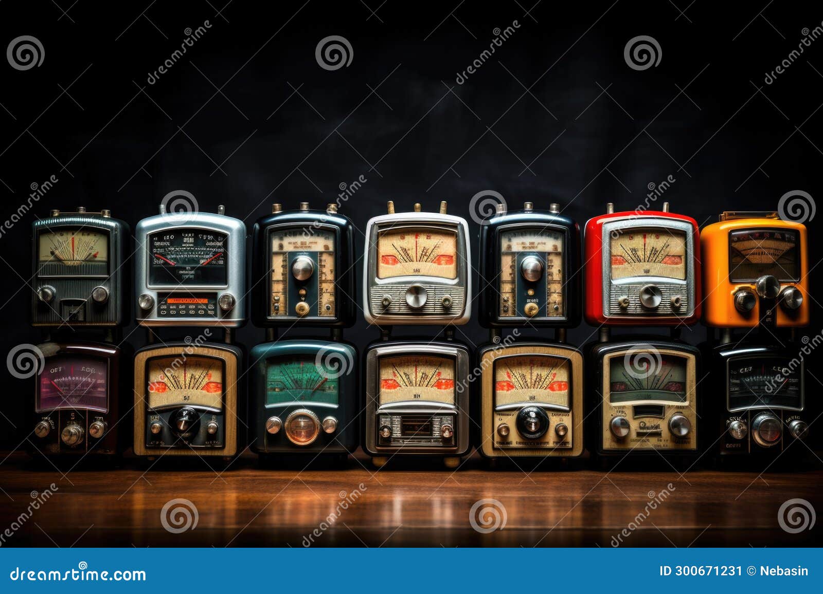 A Collection Of Vintage Radios Spanning Different Decades, Lined Up In ...