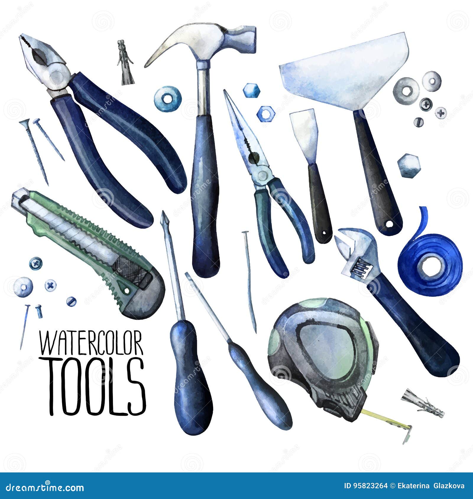 Collection of Watercolor Tools Stock Vector - Illustration of build ...